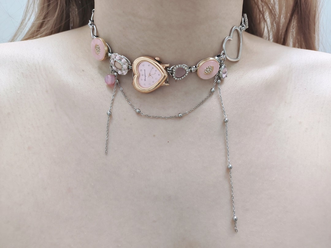 Pink Heart Watch Face Choker Necklace,cute Clock Necklace,heart Quartz ...