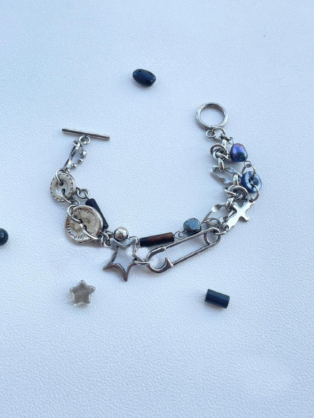 Cool Sliver Chain Bracelet,paper Clip,star,bead,cross,buttons Charm ...