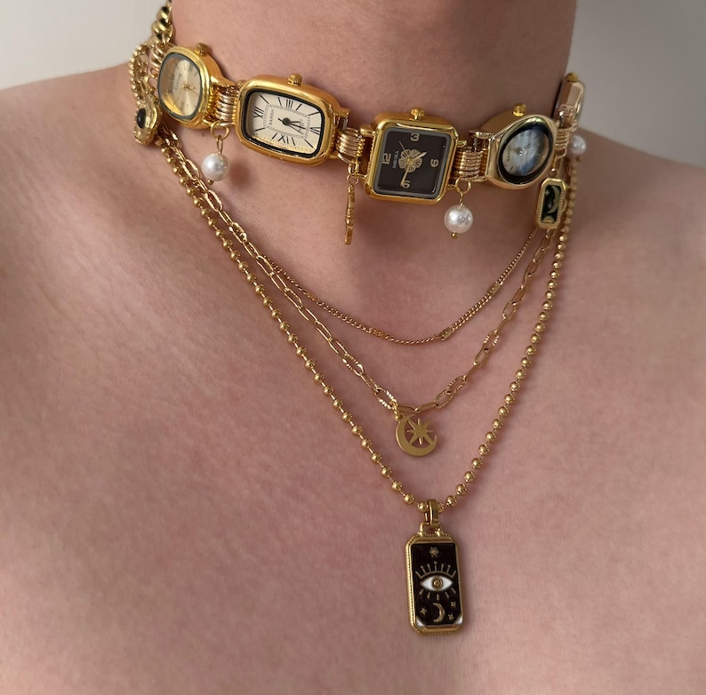 Black Watch Choker Necklace,vintage Clock Choker With Layered Chainpunk ...