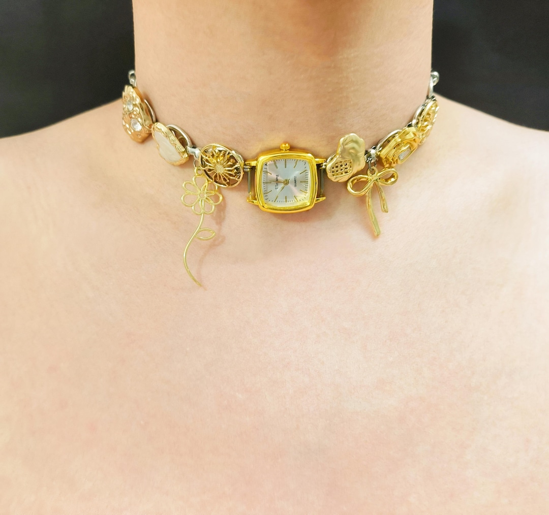 Gold Watch Choker Necklace,gold Button Bead Necklace,trend Clutter Cool ...