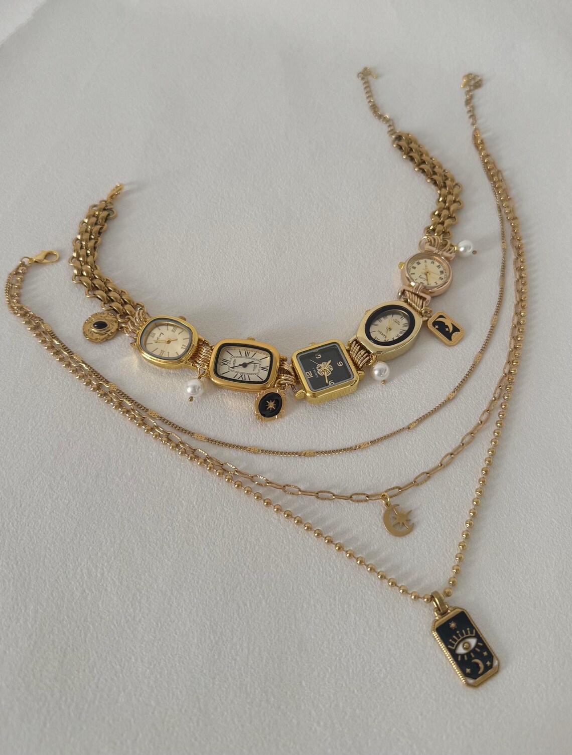 Black Watch Choker Necklace,vintage Clock Choker With Layered Chainpunk ...