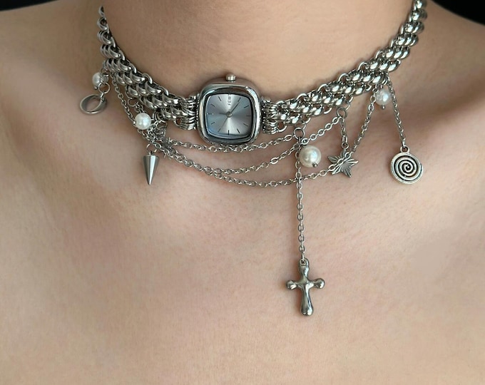 Five Different Watch Faces Choker Necklace,unique Clock Necklace,heart ...
