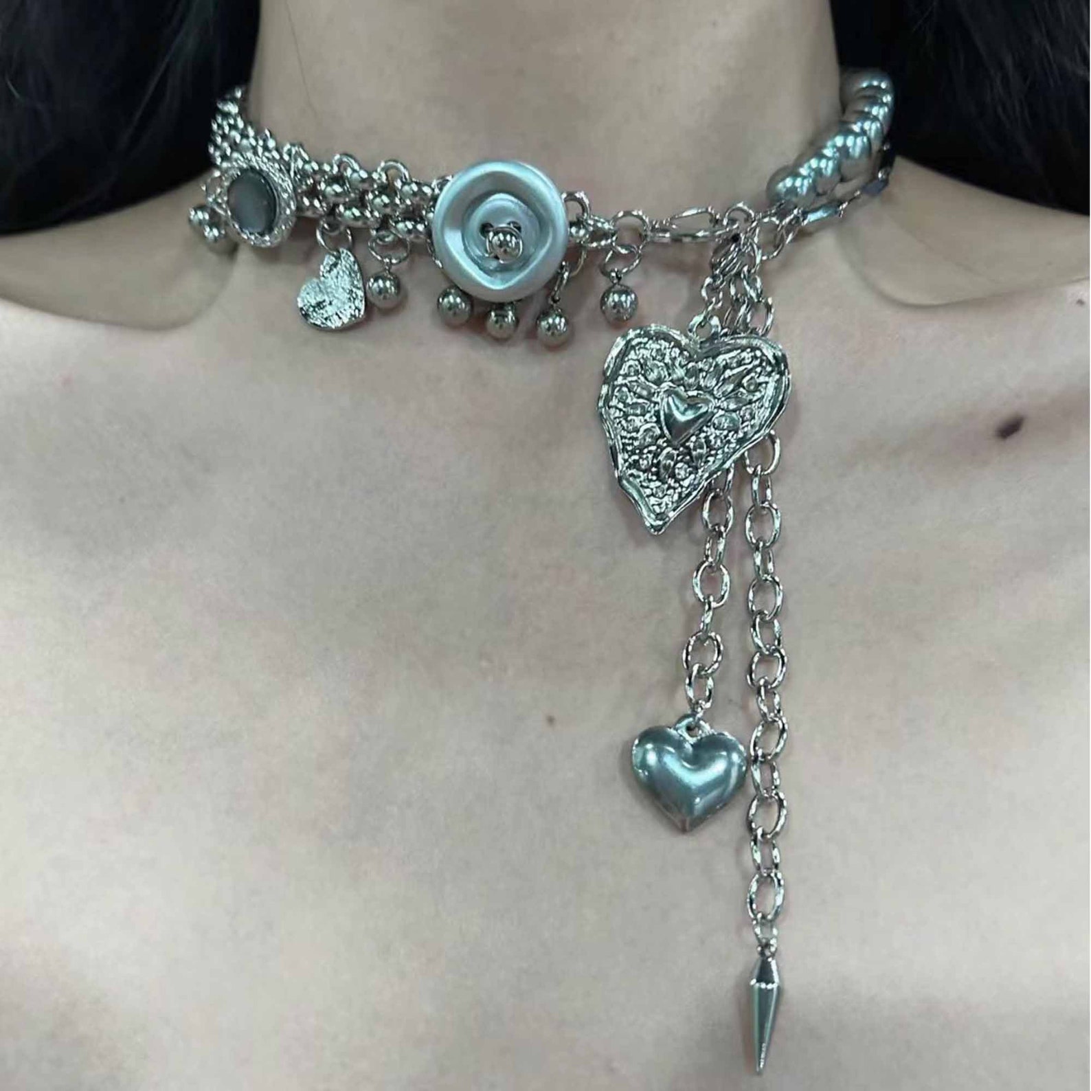 Titanium Button Bead Necklace,sliver Chain Choker,heart Charm Necklace ...