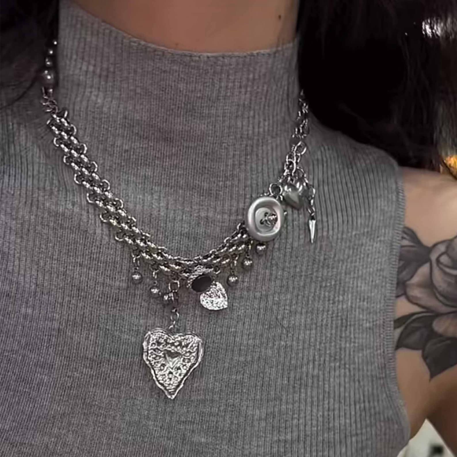 Titanium Button Bead Necklace,sliver Chain Choker,heart Charm Necklace ...