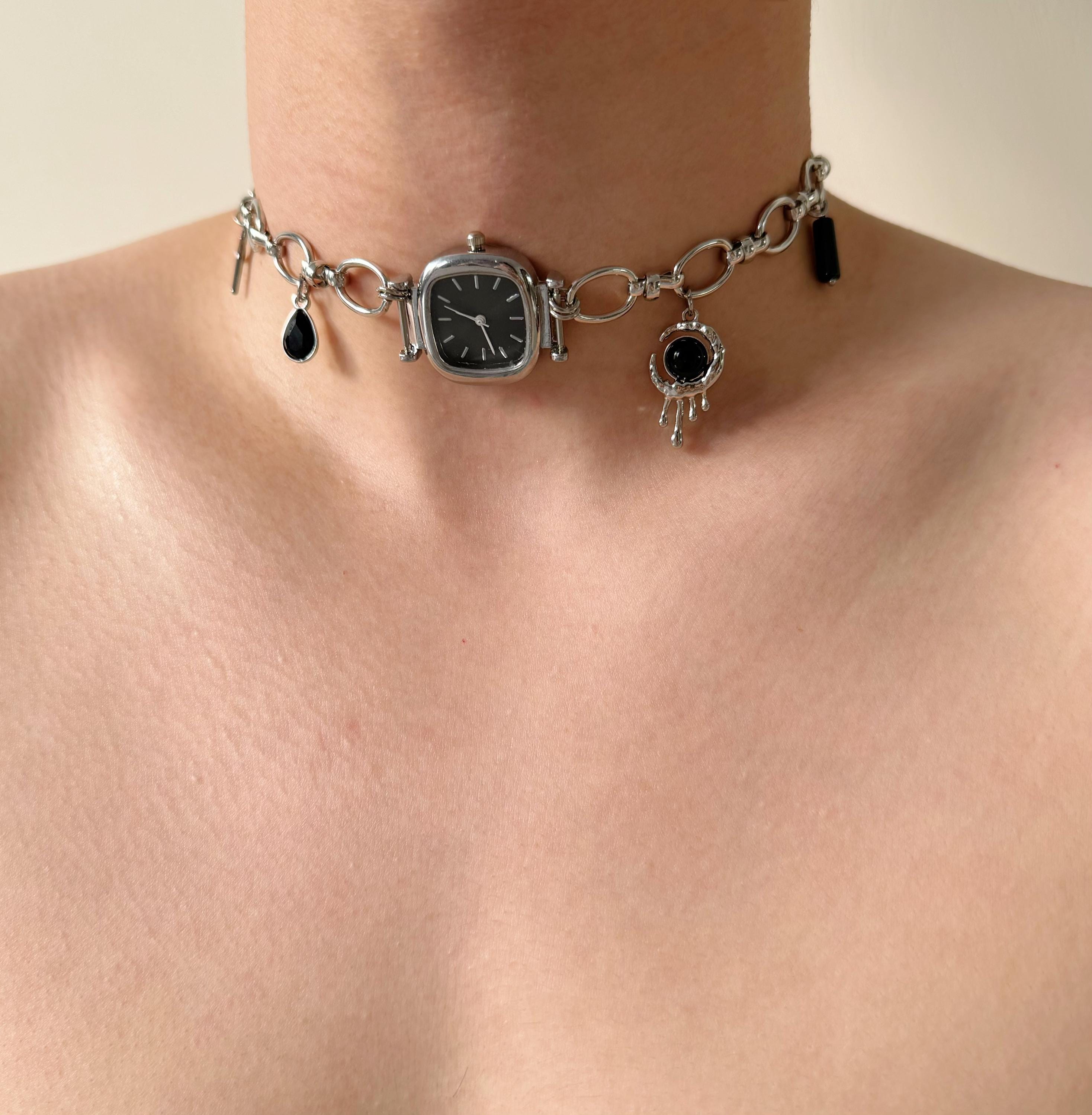 Vintage-inspired Charm Choker Necklace,steampunk Clock Choker,silver ...