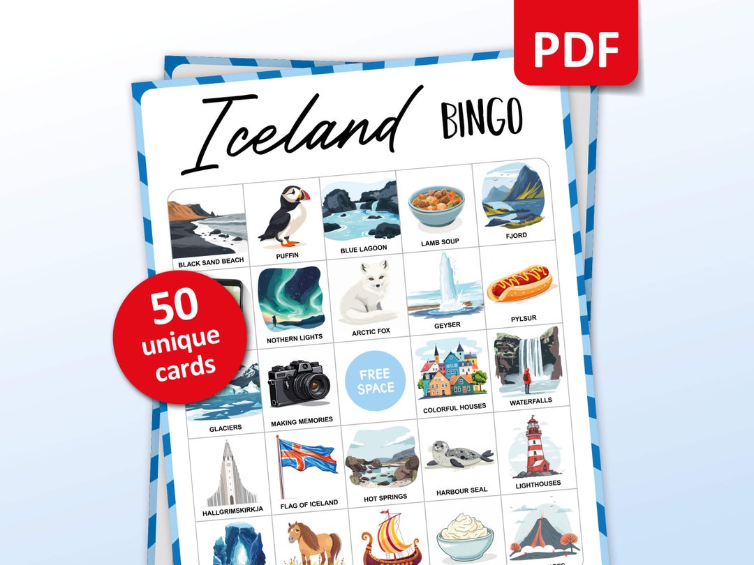Iceland Travel Bingo Game, 50 Bingo Cards, Iceland Trip Vacation ...