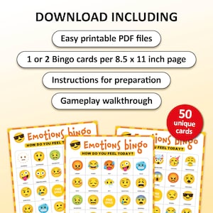 Emotions Bingo, 50 Bingo Cards, Learning Feelings for Kids Party Game ...