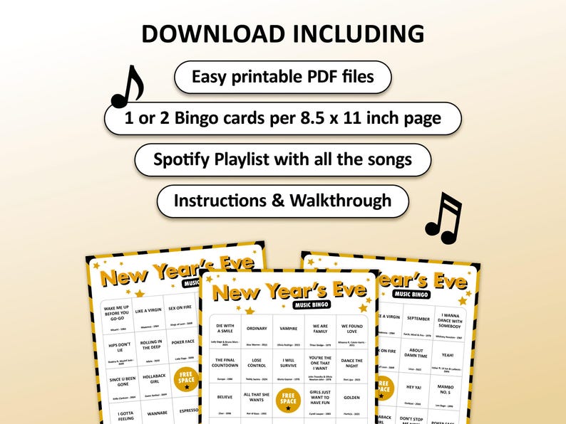 New Year's Eve Music Bingo, 100 Bingo Cards + Spotify Playlist, NYE ...