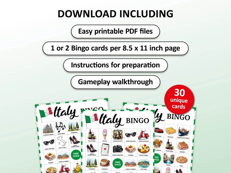 Italy Travel Bingo Game, 30 Italy Bingo Cards, Travel Trip Vacation ...