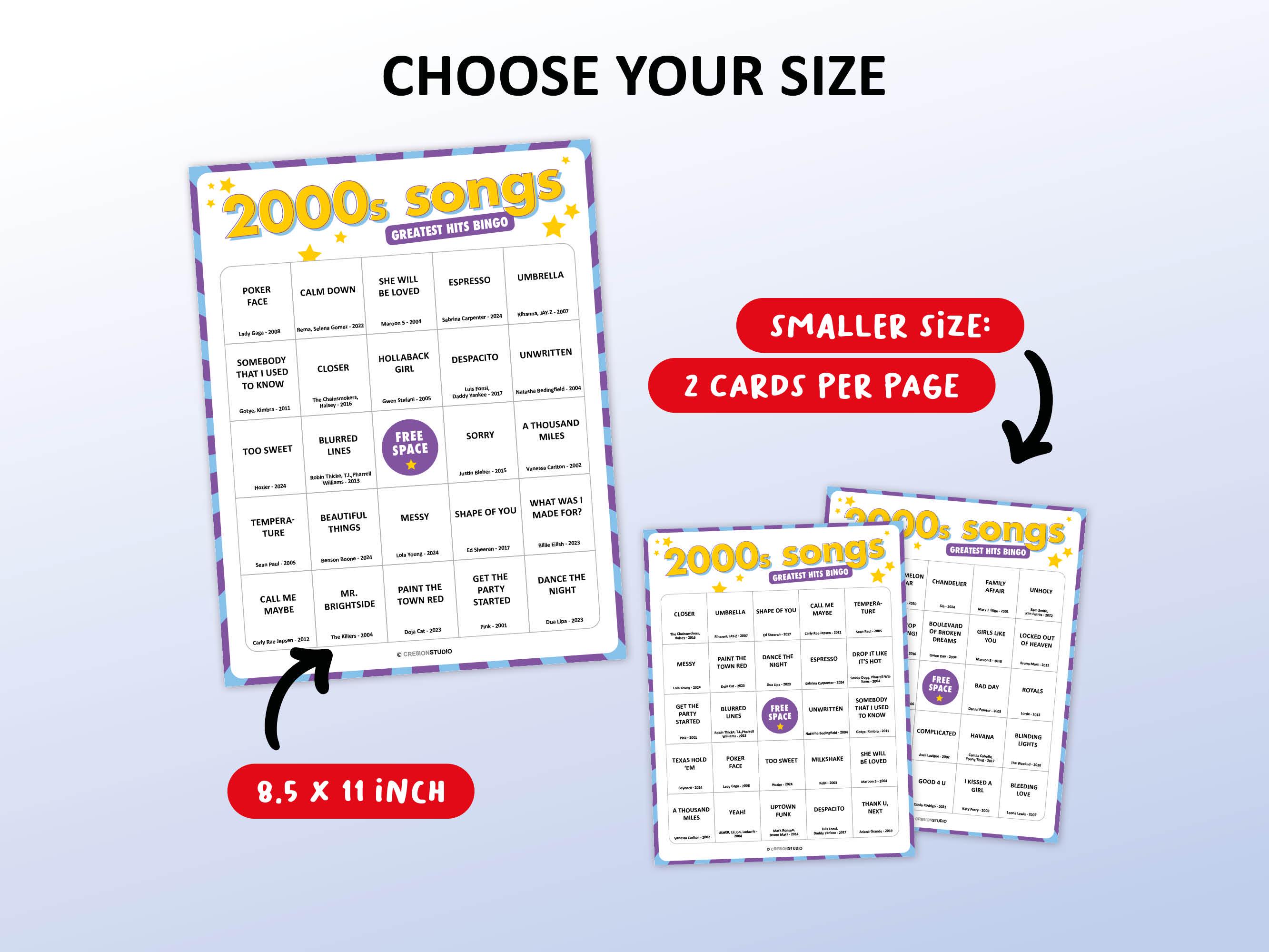 2000s Music Bingo, 100 Bingo Cards + Spotify Playlist, 2000s Party Game ...