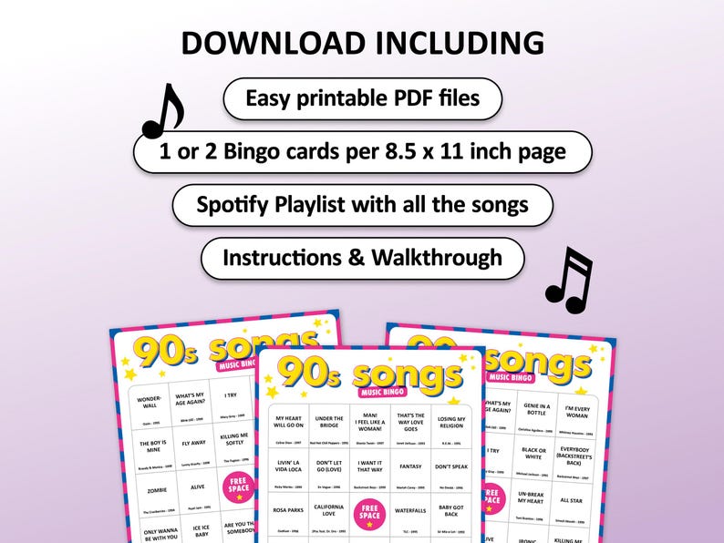 90s Songs Music Bingo, 50 Bingo Cards + Spotify Playlist, Birthday ...