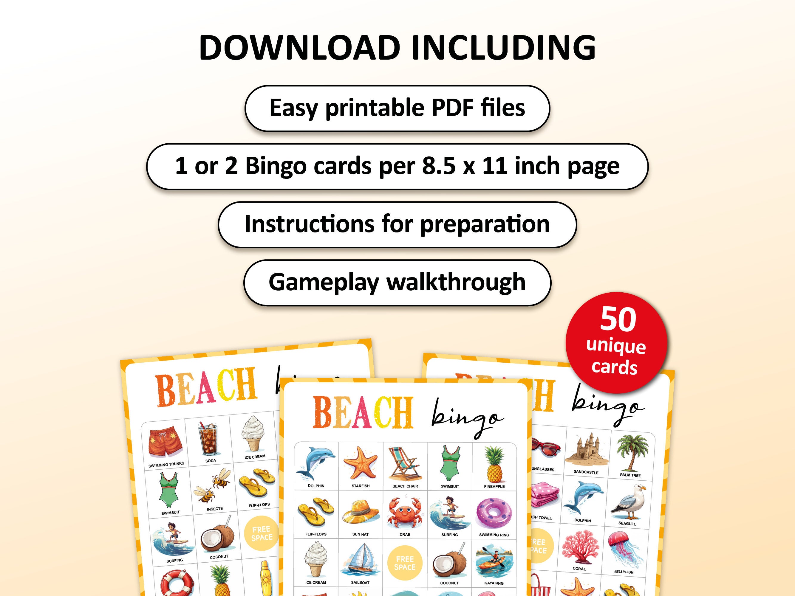 Beach Bingo, 50 Birthday Bingo Cards, Beach Activities, Kids Summer ...