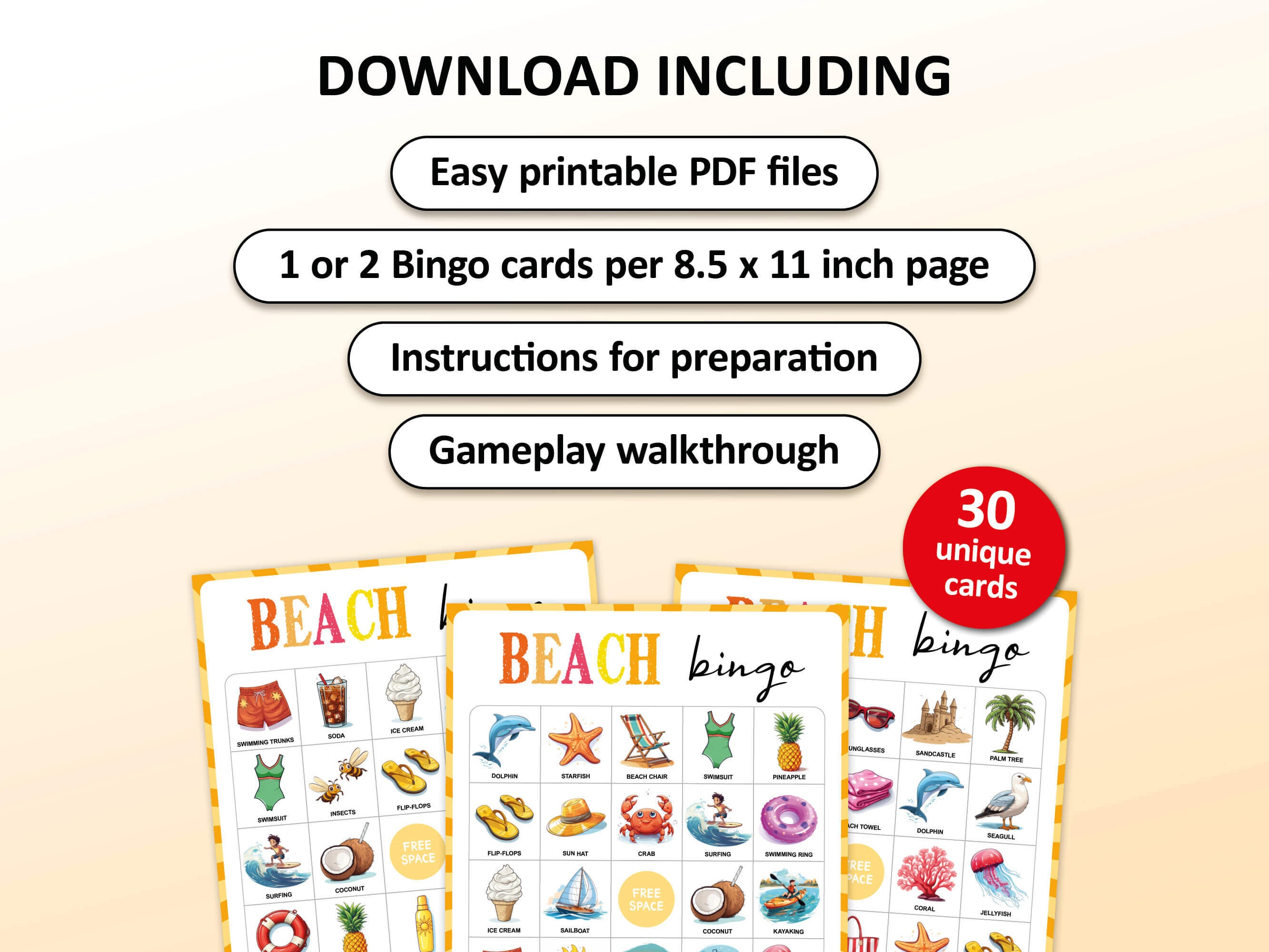 Beach Bingo, 30 Birthday Bingo Cards, Beach Activities, Kids Summer ...