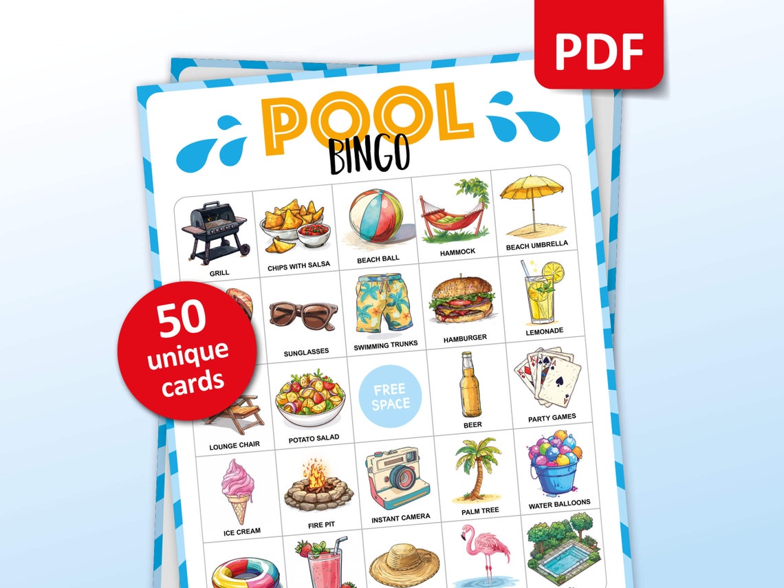 Pool Party Game, 50 Bingo Cards, Summer Activities, Digital Download ...