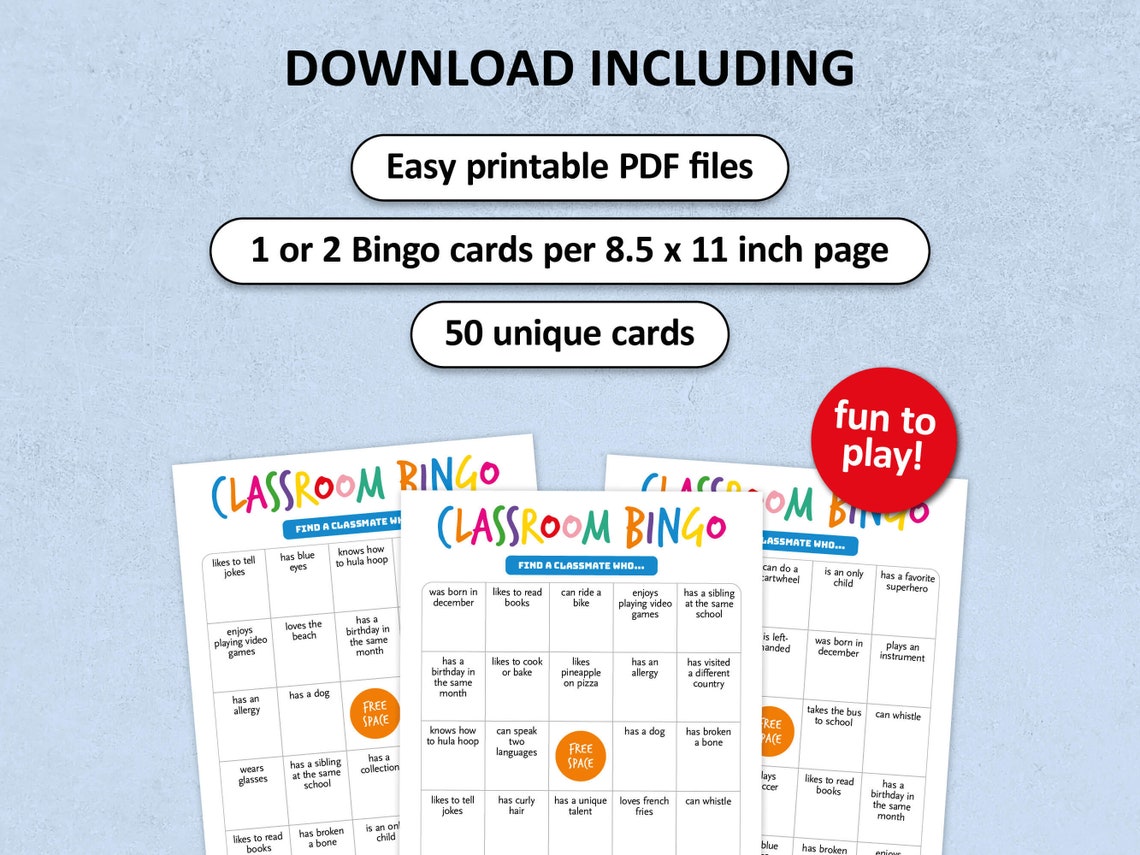 Classroom Bingo Game, Get to Know You Bingo, 50 Human Bingo Cards, Find ...