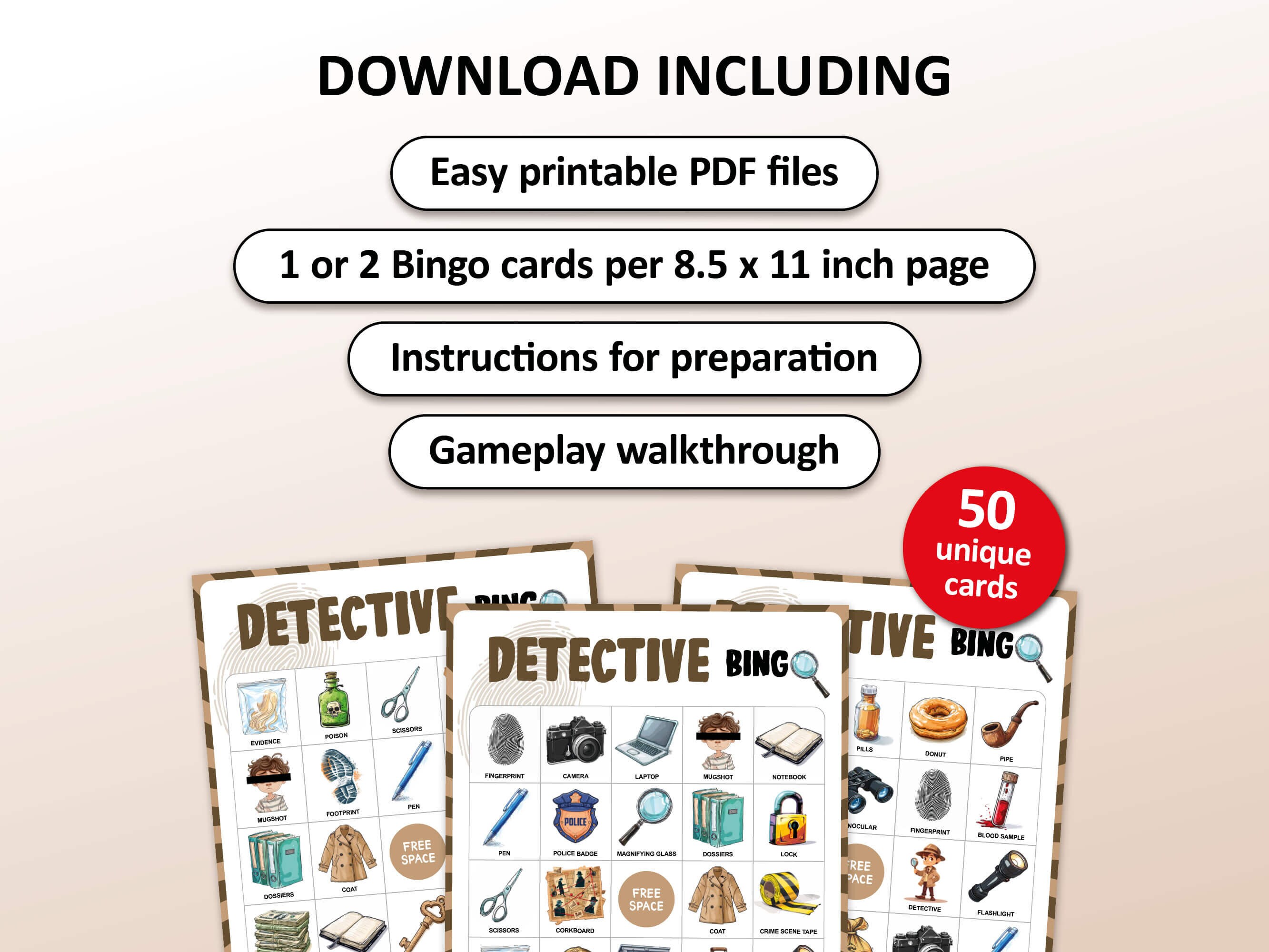 Detective Bingo, 50 Bingo Cards, Printable Party Game, Investigation ...