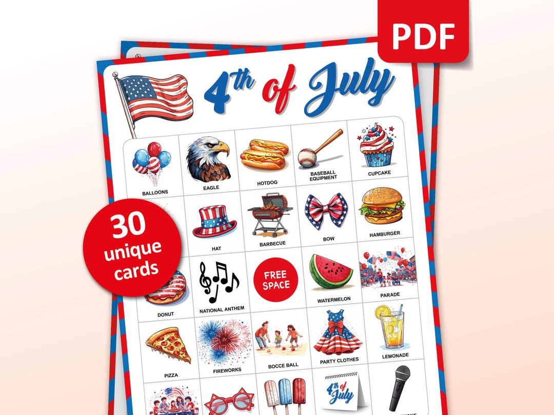 4th of July Bingo, 30 Independence Day Bingo Cards, Party Game for Kids ...