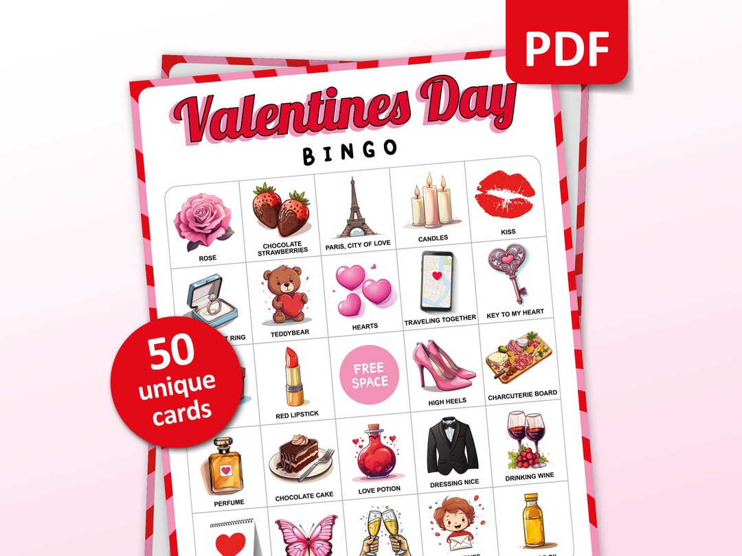 Valentine Game, 50 Valentines Day Bingo Cards, Couple Activities, Love ...
