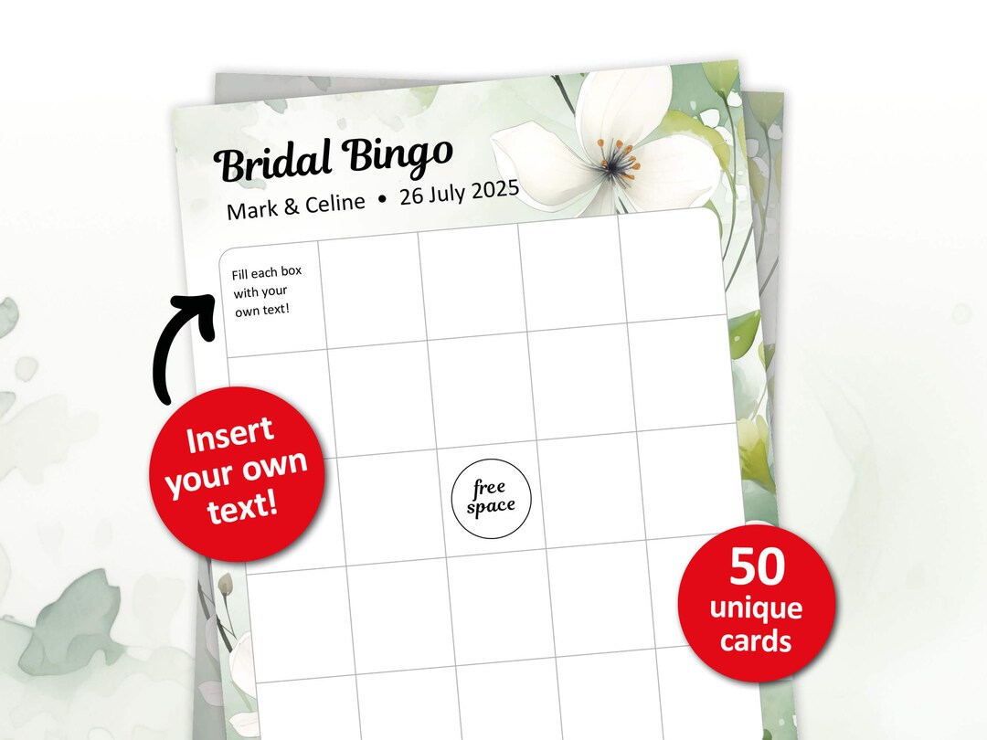Personalized Bridal Bingo, 50 Custom Wedding Bingo Cards, Party Game ...