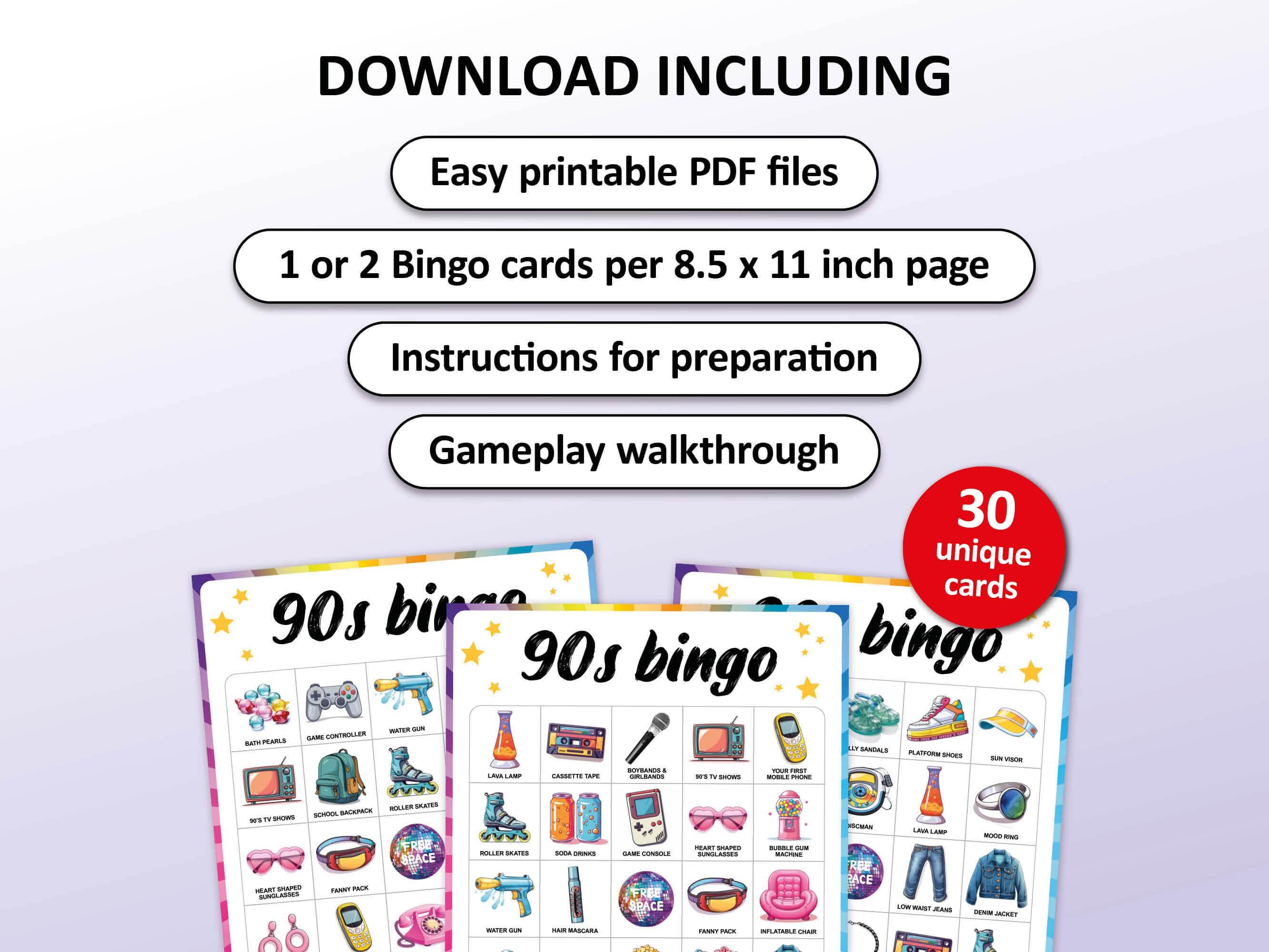 90s Party Bingo, 30 Unique Bingo Cards, Fun 90's Party Game, Printable ...