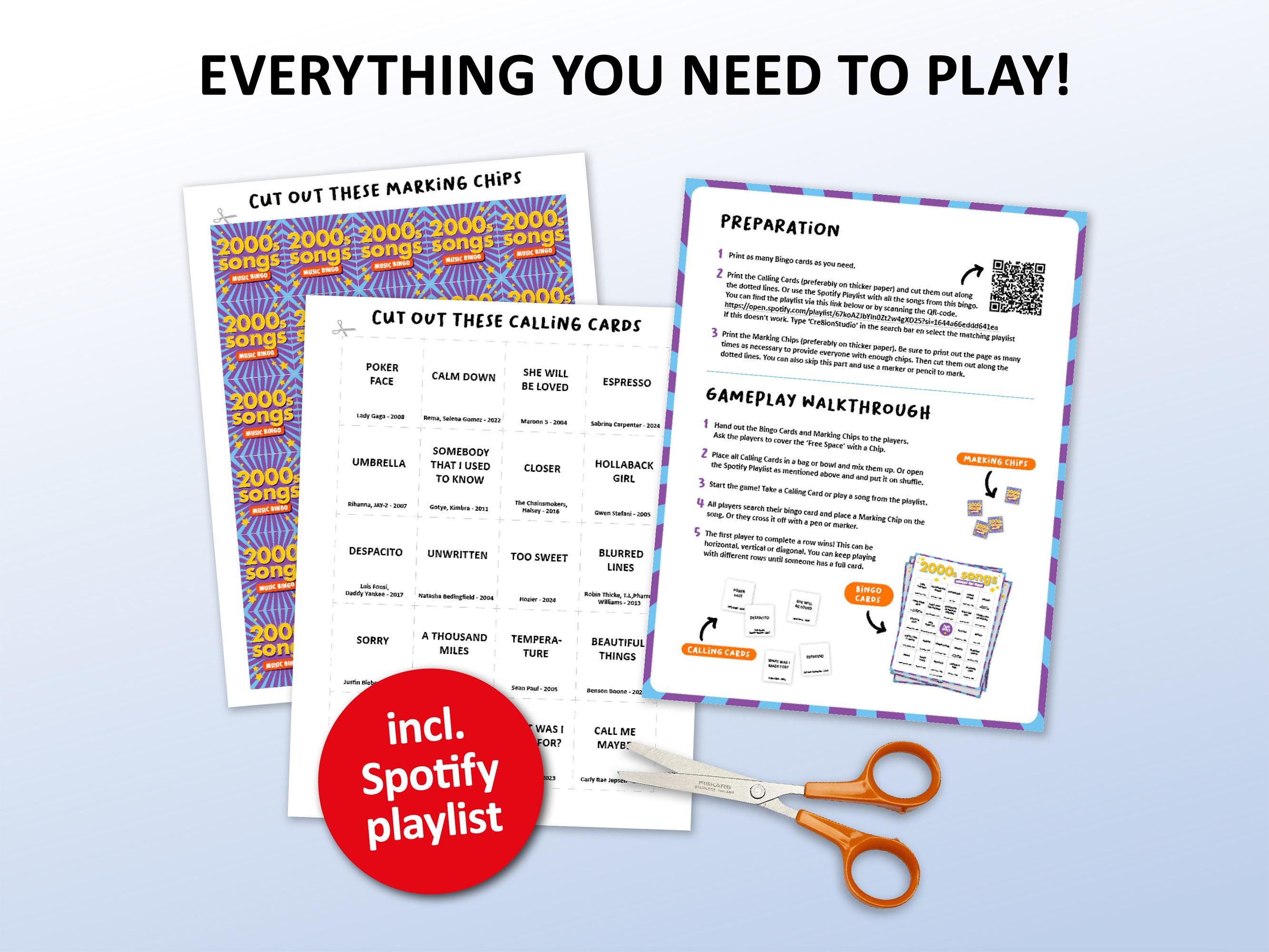 2000s Music Bingo, 100 Bingo Cards + Spotify Playlist, 2000s Party Game ...