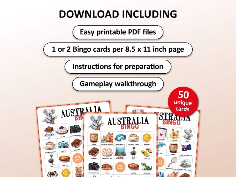 Australia Travel Bingo Game, 50 Bingo Cards, Australian Trip Vacation ...