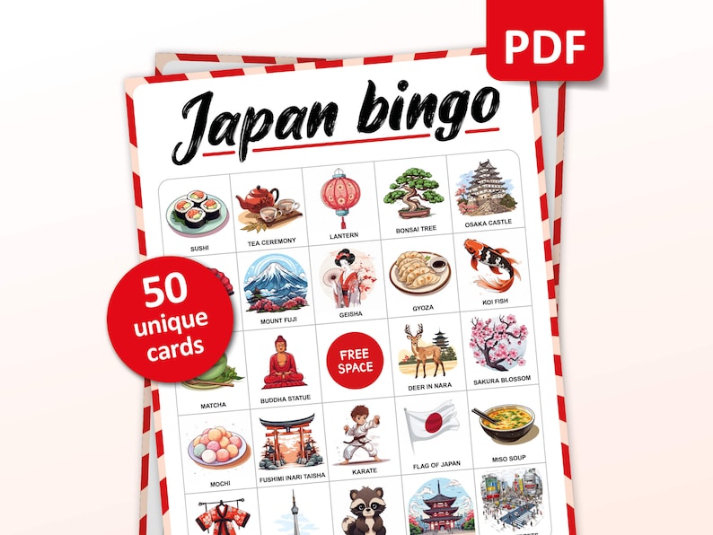 Japan Travel Bingo Game, 50 Bingo Cards, Asia Trip Vacation Activities ...