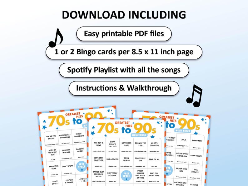 70s, 80s, 90s Music Bingo, 100 Bingo Cards + Spotify Playlist, Birthday ...
