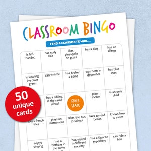 Classroom Bingo Game, Get to Know You Bingo, 50 Human Bingo Cards, Find ...