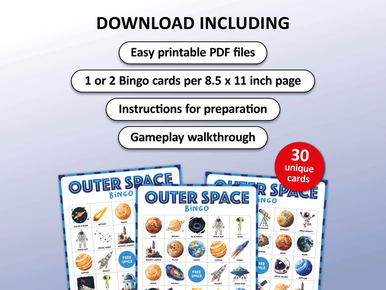 Outer Space Bingo, 30 Bingo Cards, Space Birthday Party Game for Kids ...