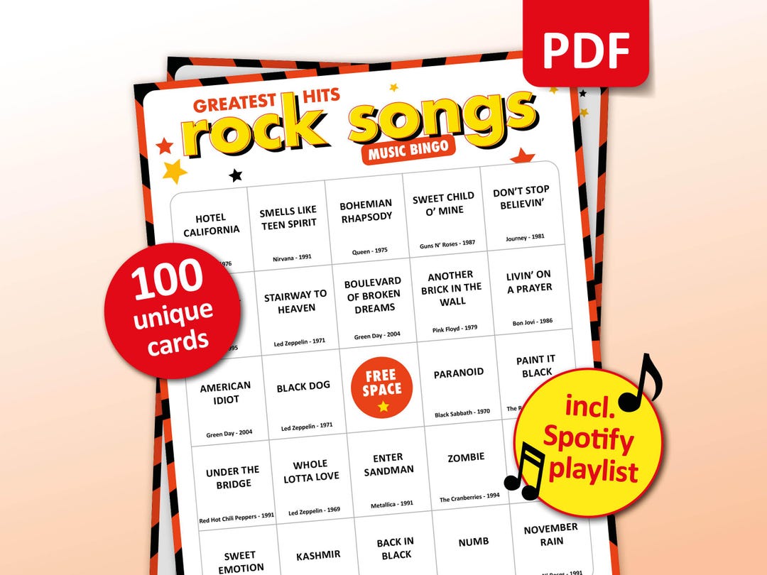 Rock Music Bingo, 100 Bingo Cards + Spotify Playlist, 70s, 80s, 90s ...