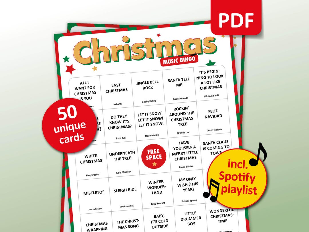 Christmas Music Bingo, 50 Bingo Cards + Spotify Playlist, Christmas ...