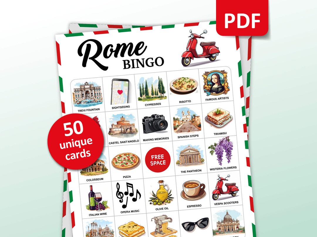 Rome Travel Bingo Game, 50 Italy Bingo Cards, Travel Trip Vacation ...