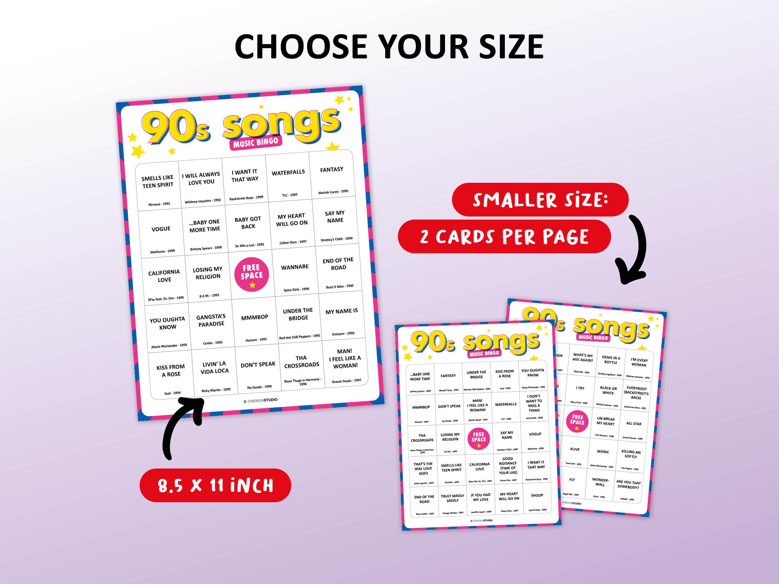 90s Songs Music Bingo, 100 Bingo Cards + Spotify Playlist, Birthday ...