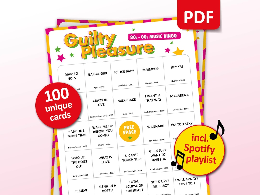 Guilty Pleasure Music Bingo, 100 Bingo Cards + Spotify Playlist ...