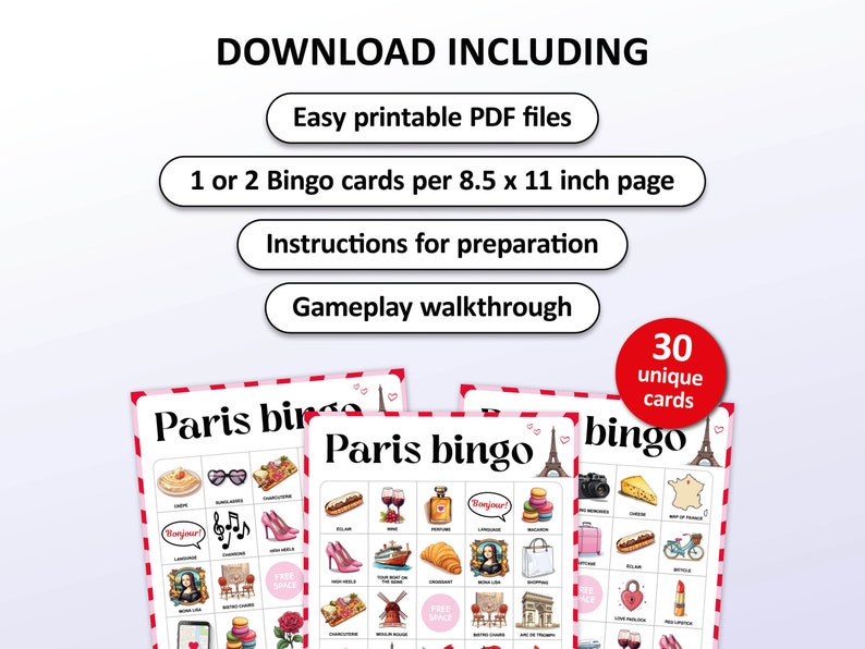 Paris Travel Bingo Game, 30 Paris Bingo Cards, Travel Trip Vacation ...