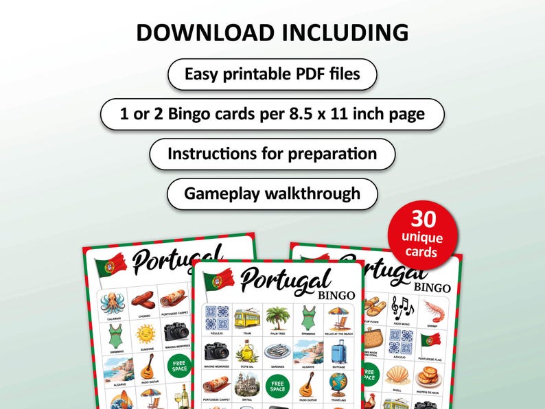 Portugal Bingo Game, 30 Bingo Cards, Europe Trip Vacation Activities ...