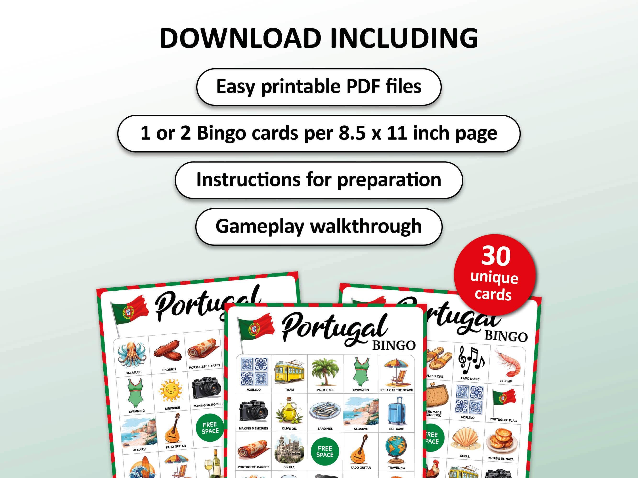 Portugal Bingo Game, 30 Bingo Cards, Europe Trip Vacation Activities ...