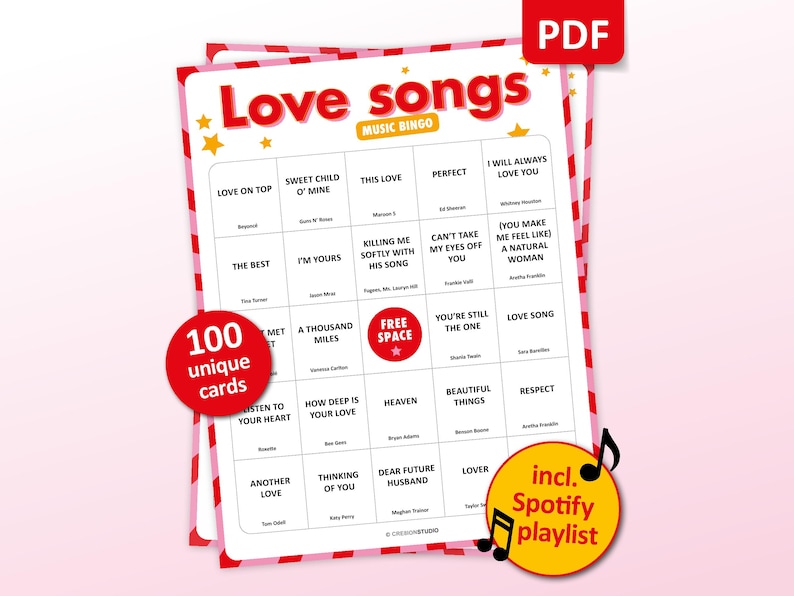 Valentines Day Music Bingo, 100 Bingo Cards + Spotify Playlist ...