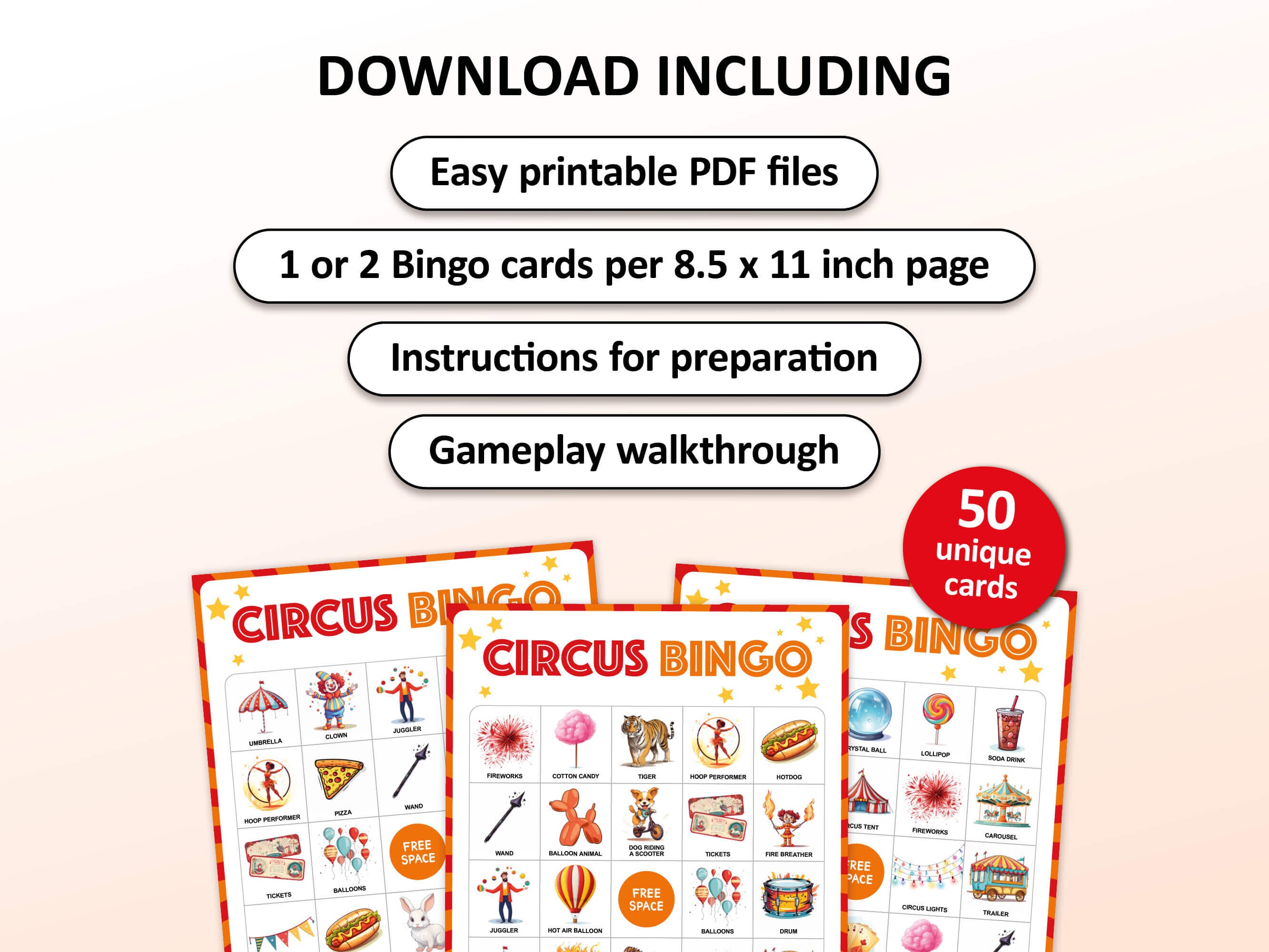 Circus Bingo, 50 Circus Party Bingo Cards, Birthday Activities, Kids ...