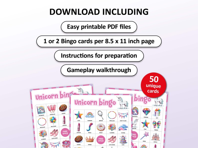 Unicorn Bingo, 50 Rainbow Unicorn Bingo Cards, Birthday Activities ...