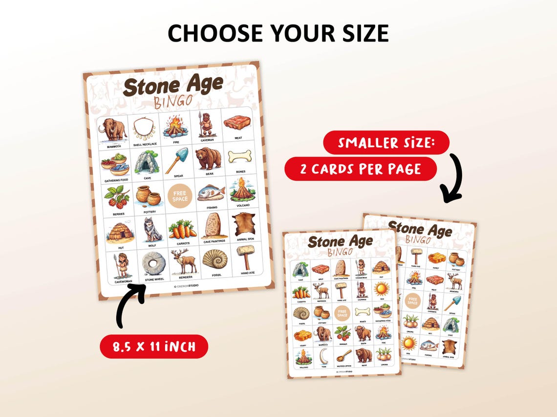 Stone Age Bingo, 50 Bingo Cards, Kids Birthday Party Game, Prehistory ...