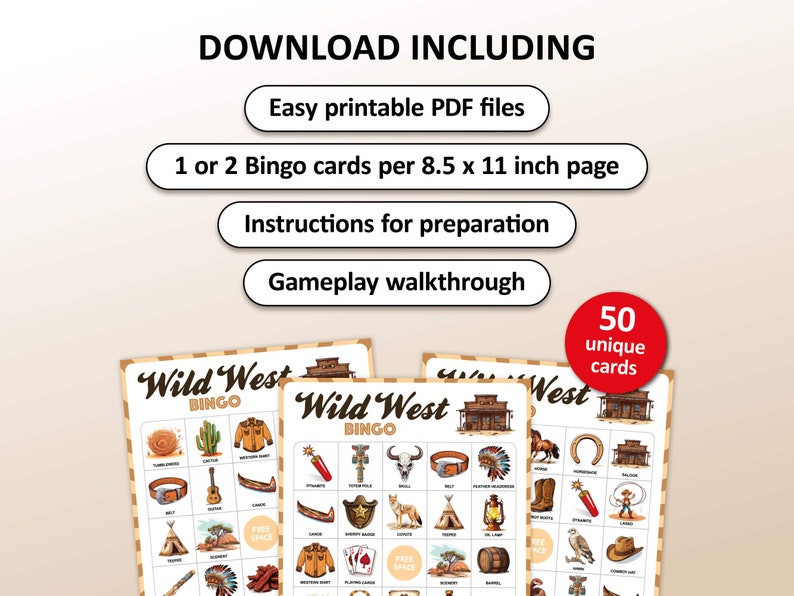 Wild West Bingo, 50 Bingo Cards, Native American Printable Party Game ...