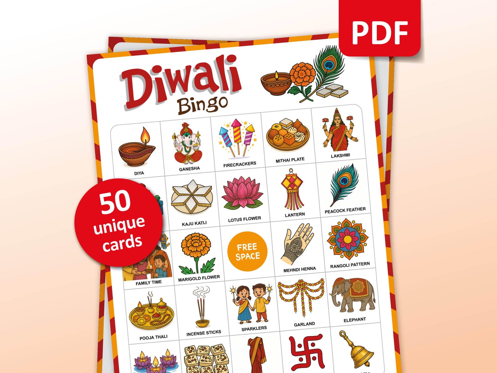 Diwali Bingo, 50 Printable Bingo Cards, Diwali 2025 Party Game for Kids ...