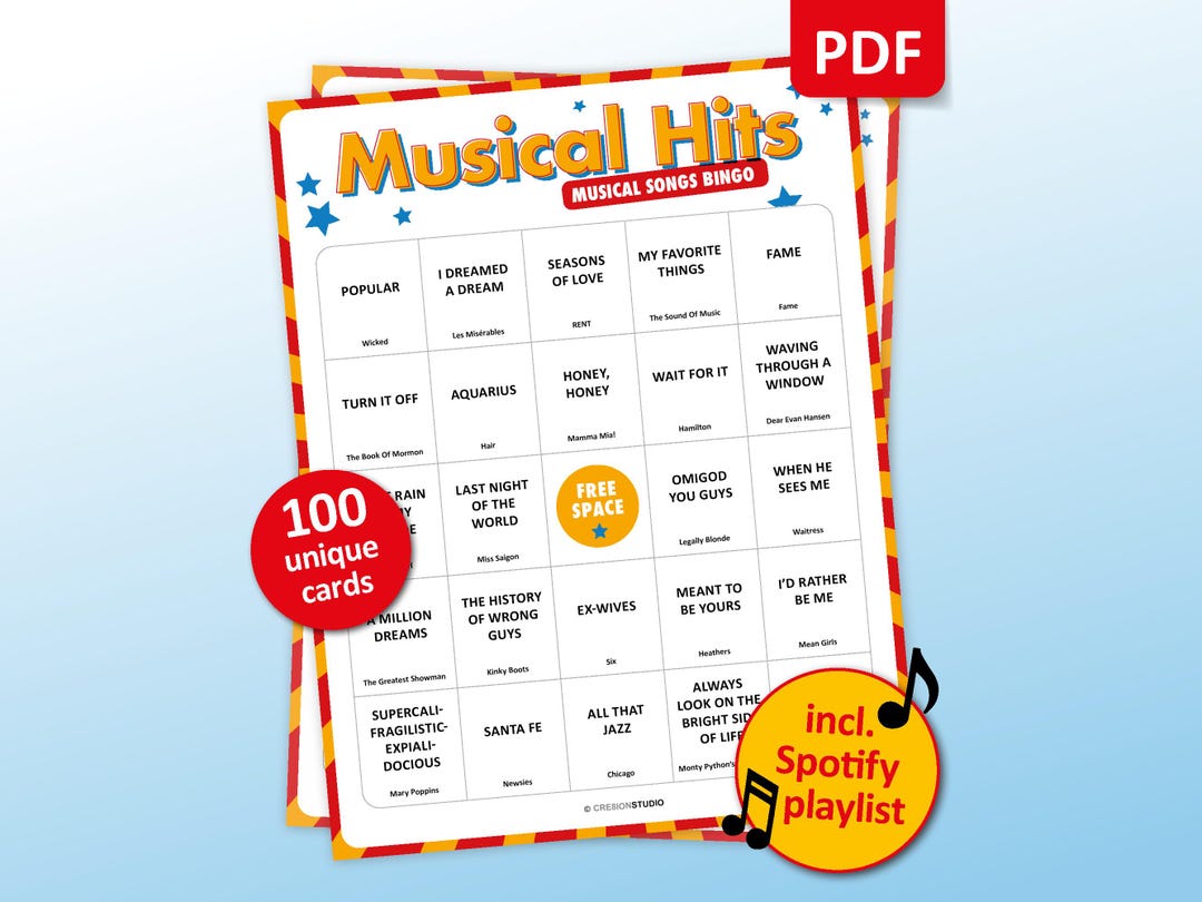 Musical Music Bingo, 100 Bingo Cards + Spotify Playlist, Broadway ...
