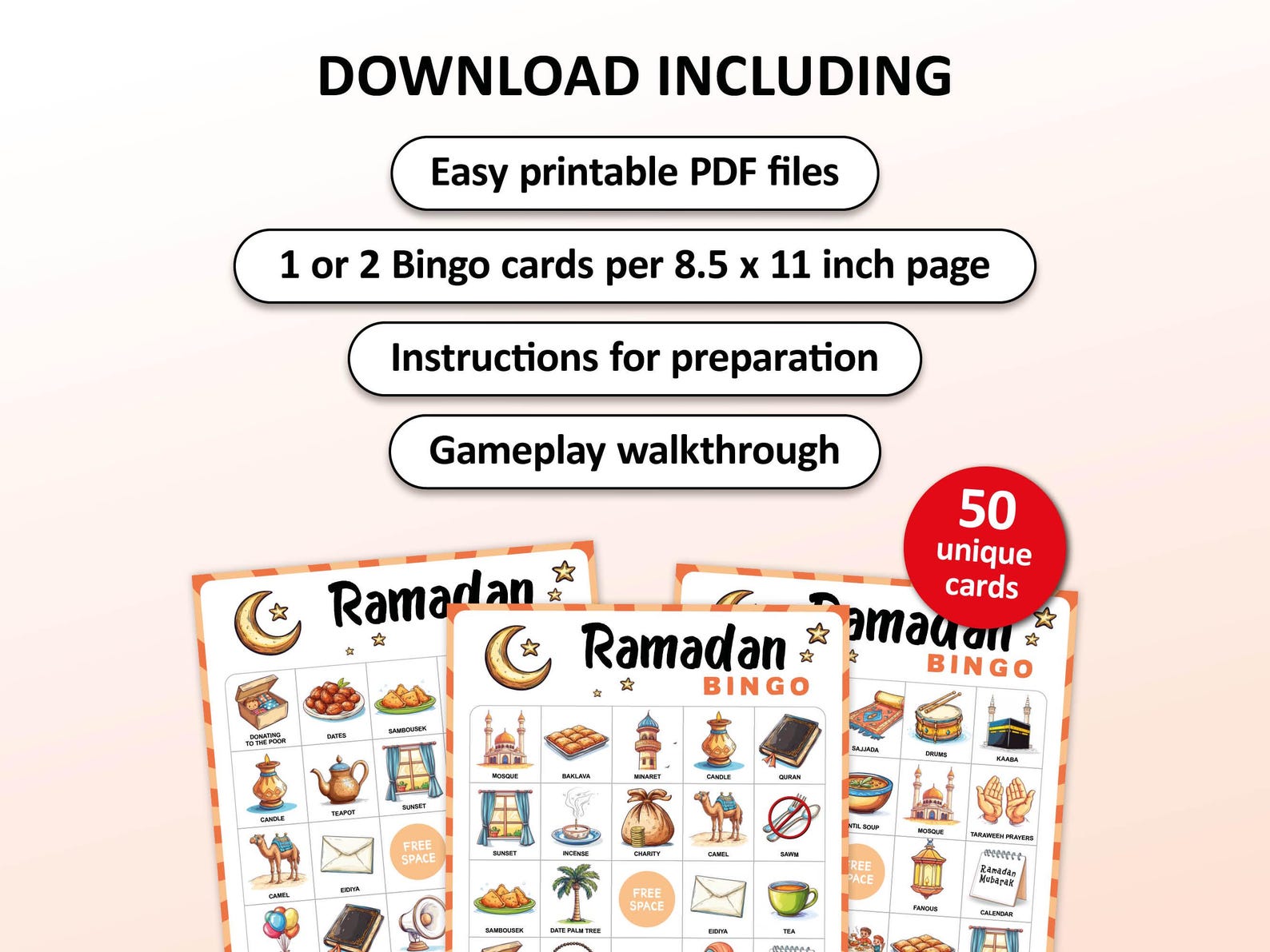 Ramadan Bingo, 50 Printable Bingo Cards, Eid Mubarak 2026 Party Game ...
