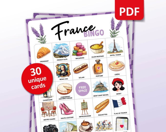 30 France Bingo Cards Printable Game, Paris France Travel Bingo Boards ...