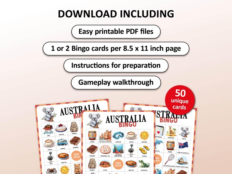 Australia Travel Bingo Game, 50 Bingo Cards, Australian Trip Vacation ...