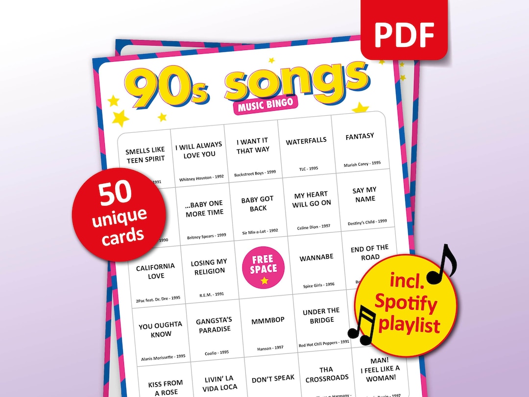 90s Songs Music Bingo, 50 Bingo Cards + Spotify Playlist, Birthday ...