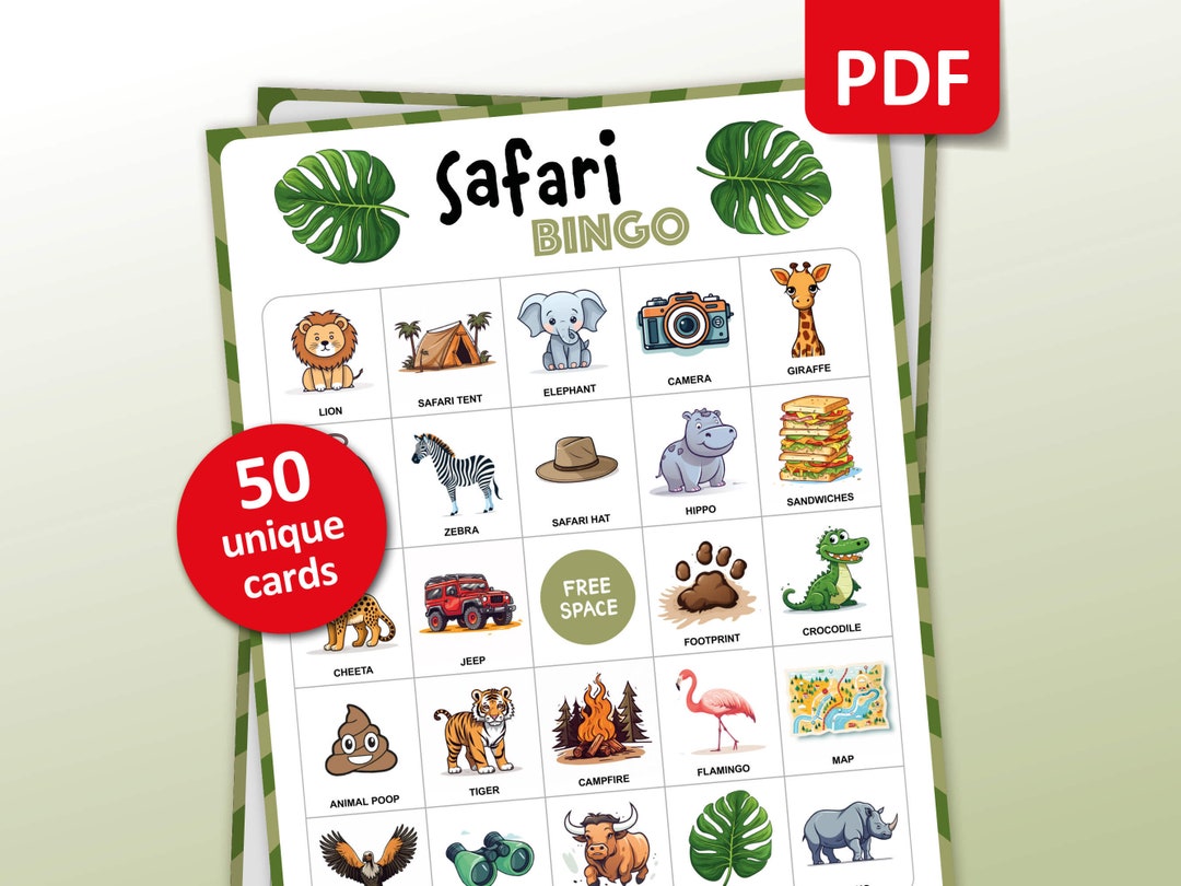 Safari Bingo, 50 Birthday Bingo Cards, Birthday Activities, Kids Safari ...